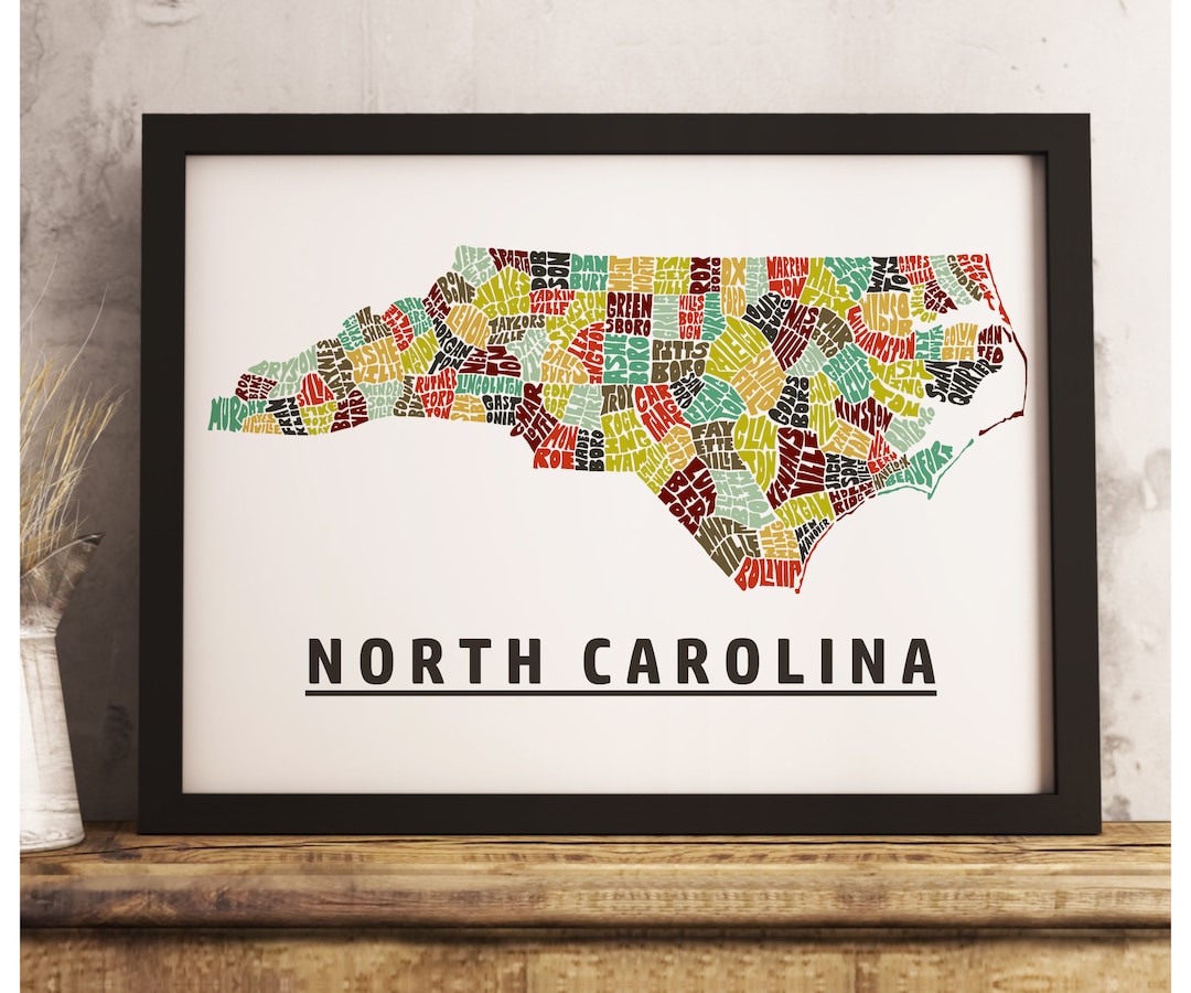 North Carolina Map Art FRAMED, Available in Several Colors and Sizes ...