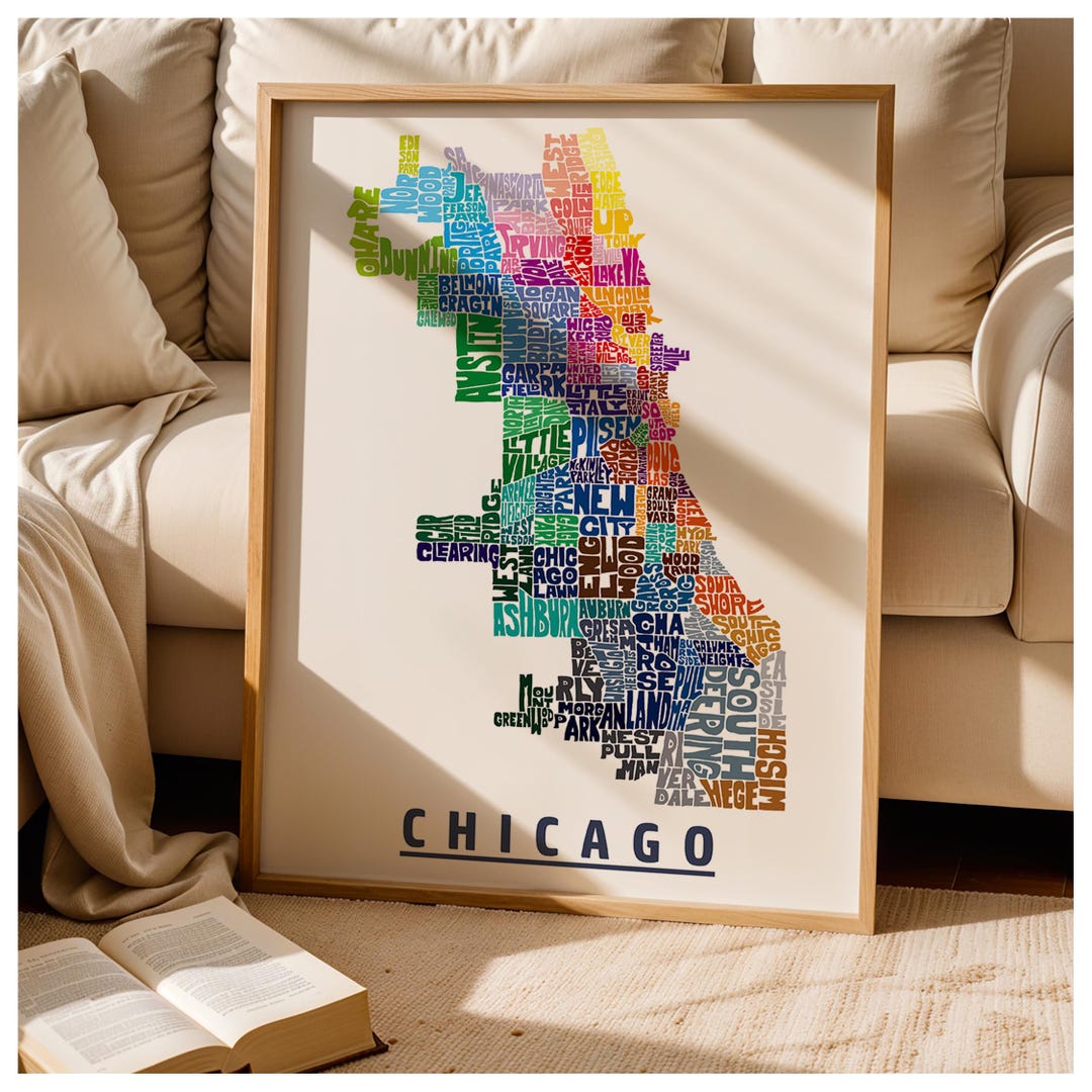 Framed Chicago Neighborhoods Map Art Print - Multiple Sizes, Color ...