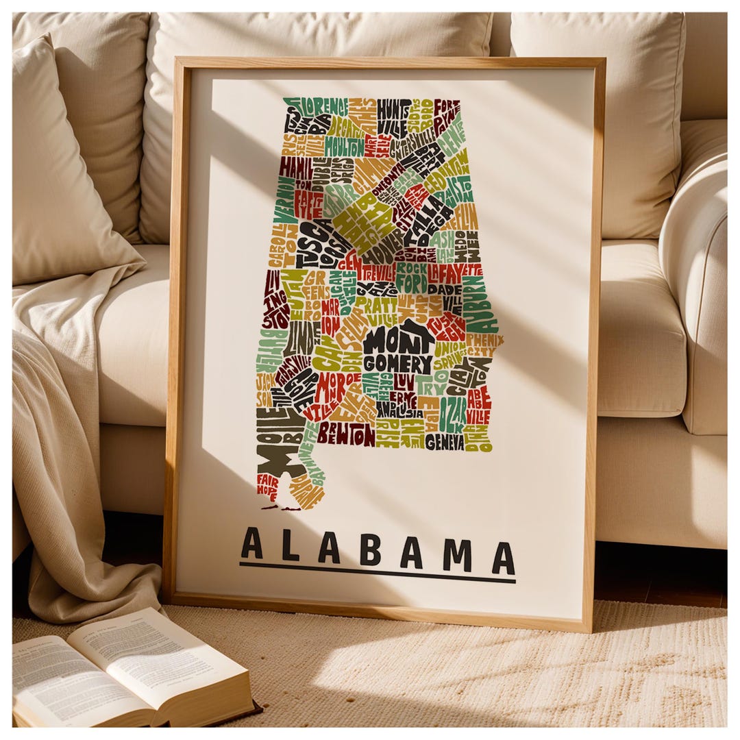 Framed Alabama Map Art Print, Alabama Art Print, Many Sizes, Color ...