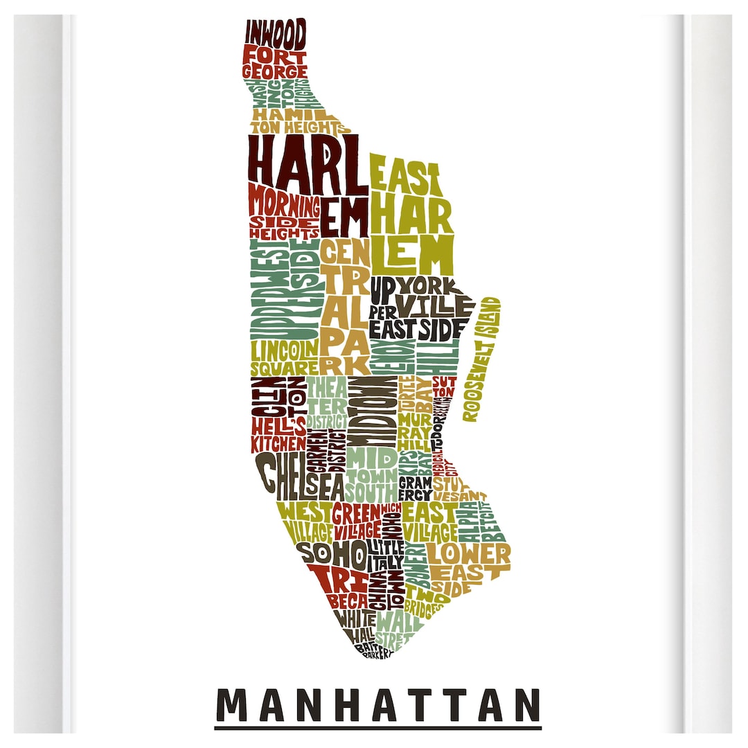 Manhattan Neighborhood Map Print, Manhattan Map Art Print Signed ...