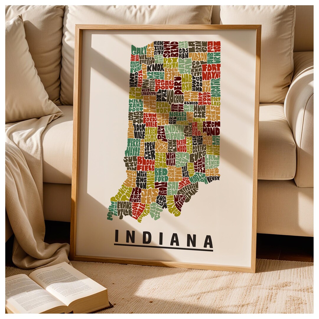 Framed Indiana Map Art Print, Indiana Art Print, Many Sizes, Color ...