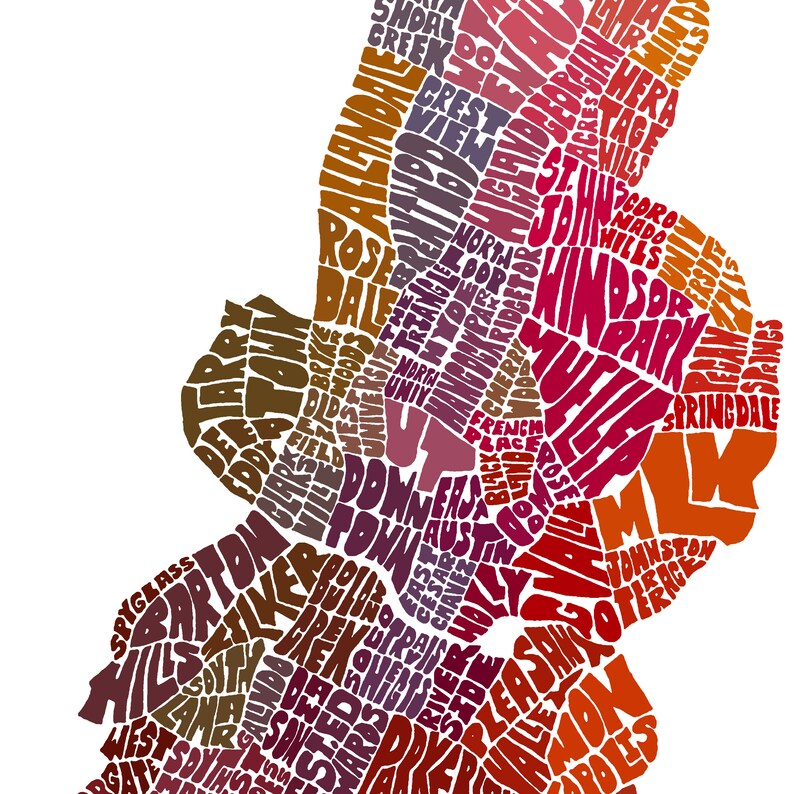 Framed Austin Neighborhoods Map Art Print, Multiple Sizes, Color ...