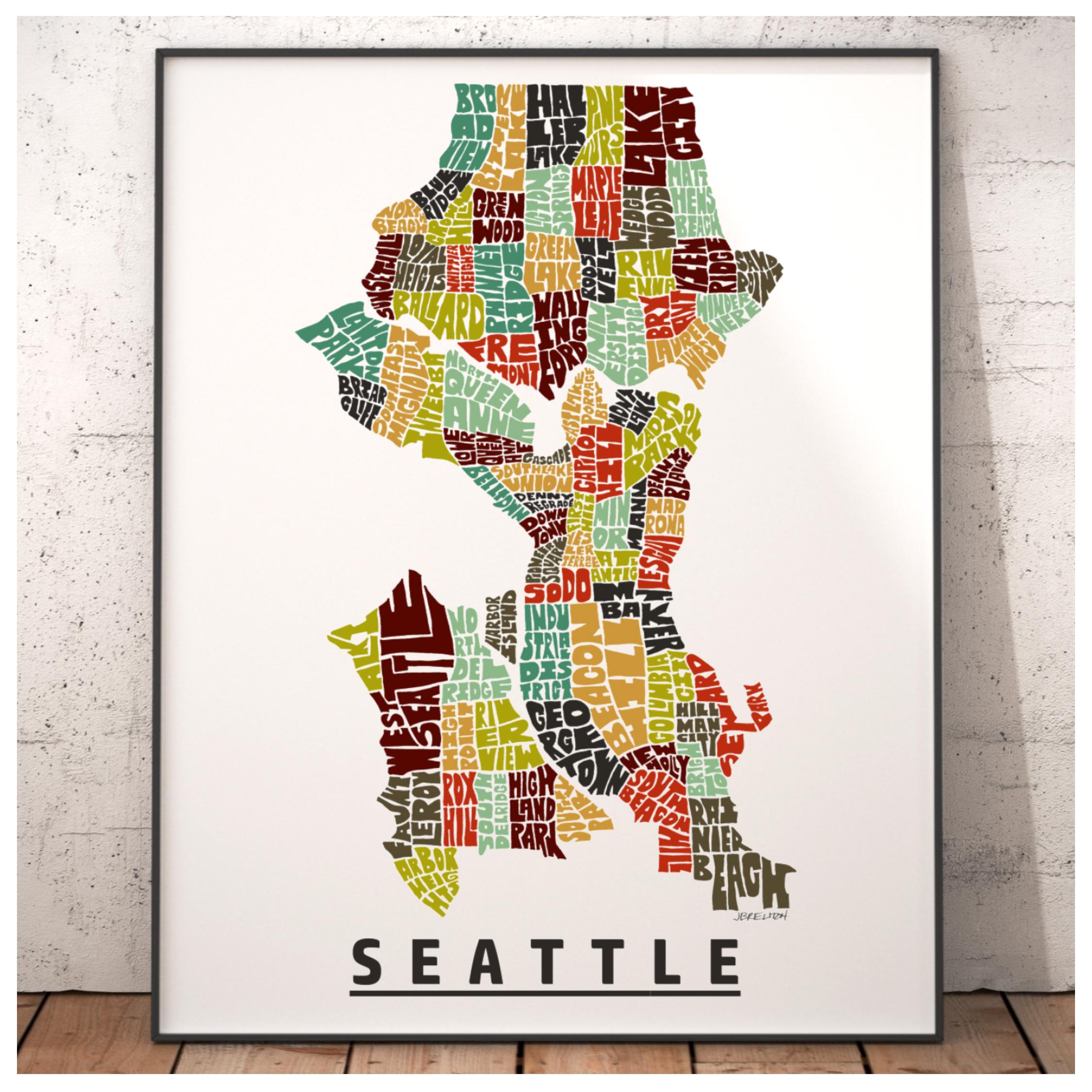 Seattle Neighborhood Map Art Print, Signed Print of My Original Hand ...