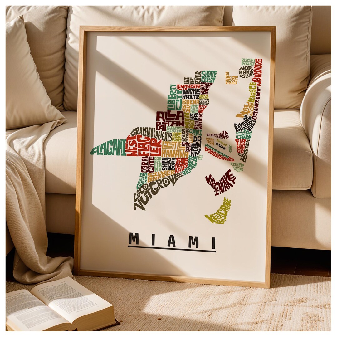 Framed Miami Neighborhoods Map Art Print, Multiple Sizes, Color Schemes ...