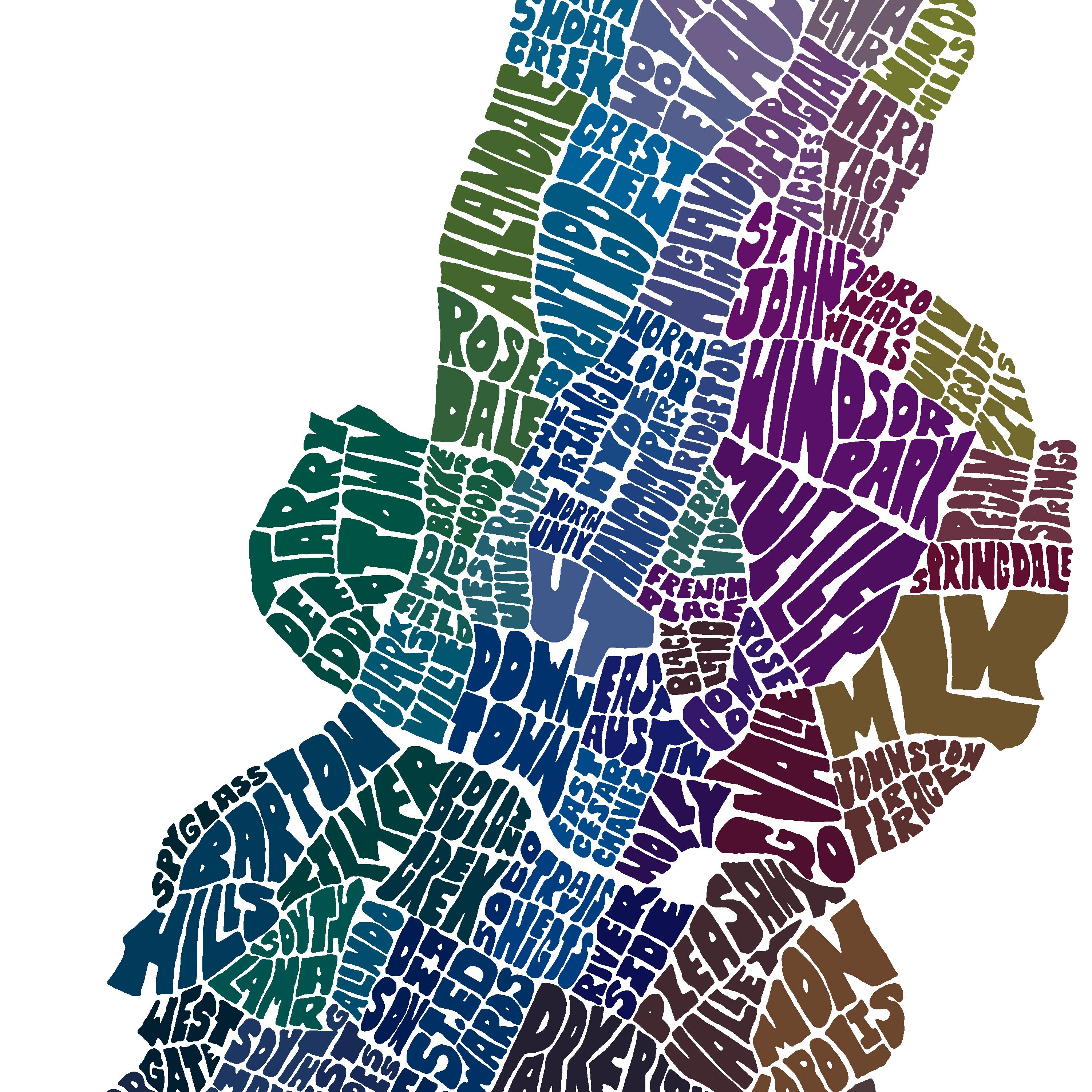 Framed Austin Neighborhoods Map Art Print, Multiple Sizes, Color ...