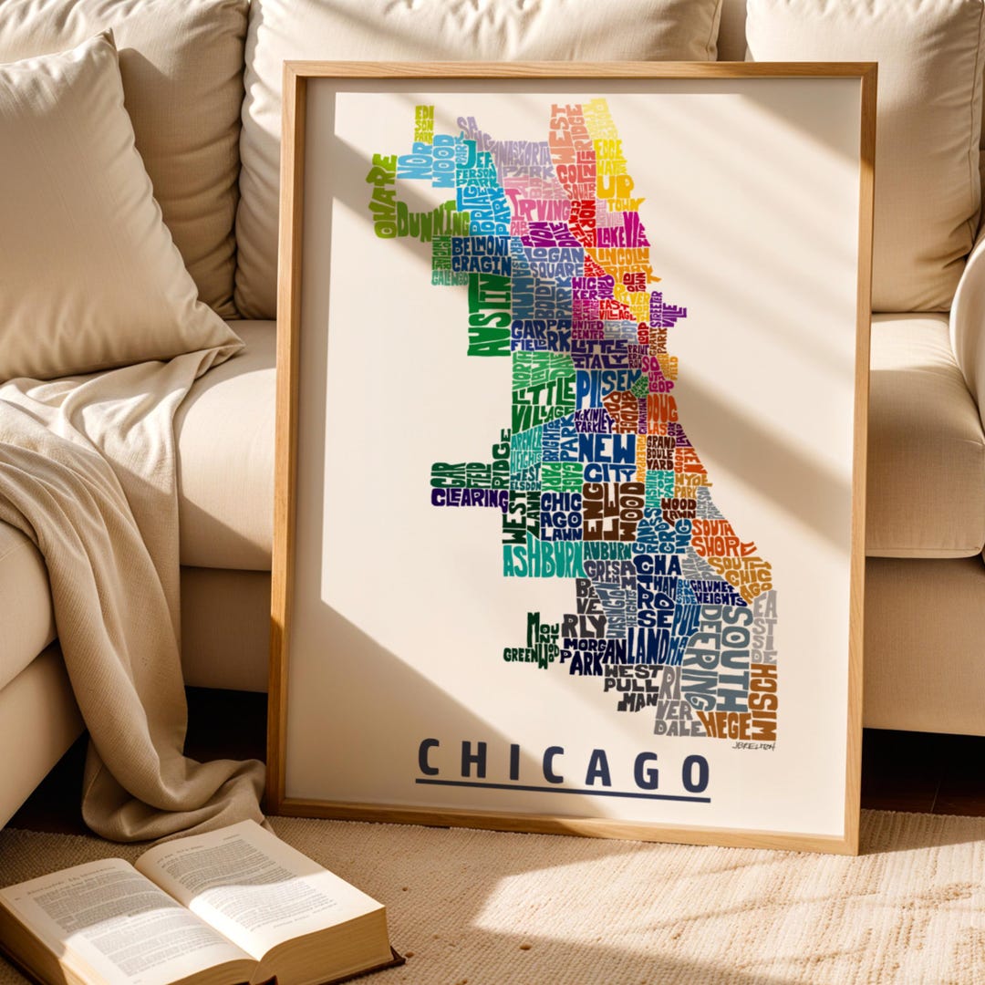 Framed Chicago Neighborhoods Map Art Print - Multiple Sizes, Color ...