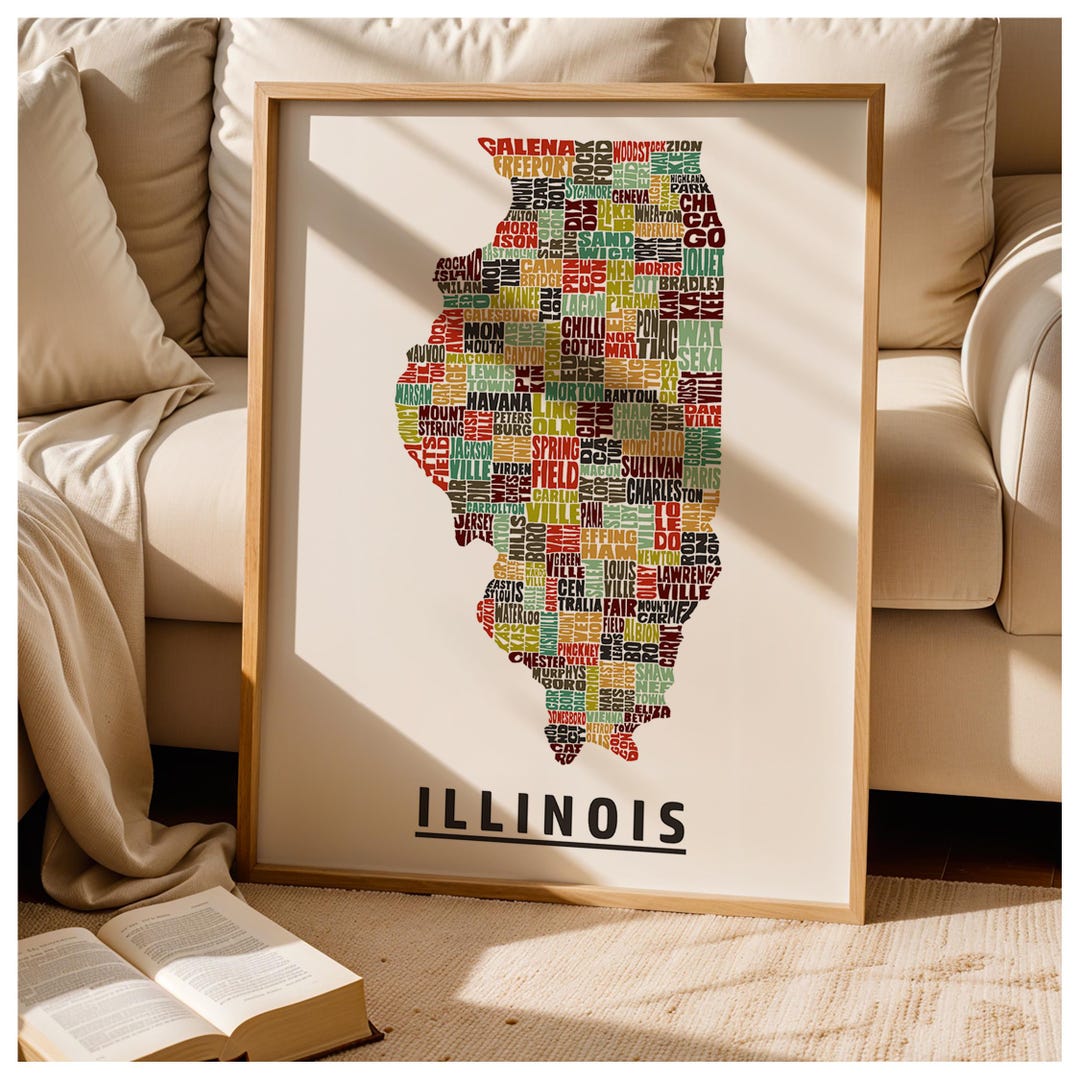 Framed Illinois Map Art Print, Illinois Art Print, Many Sizes, Color ...