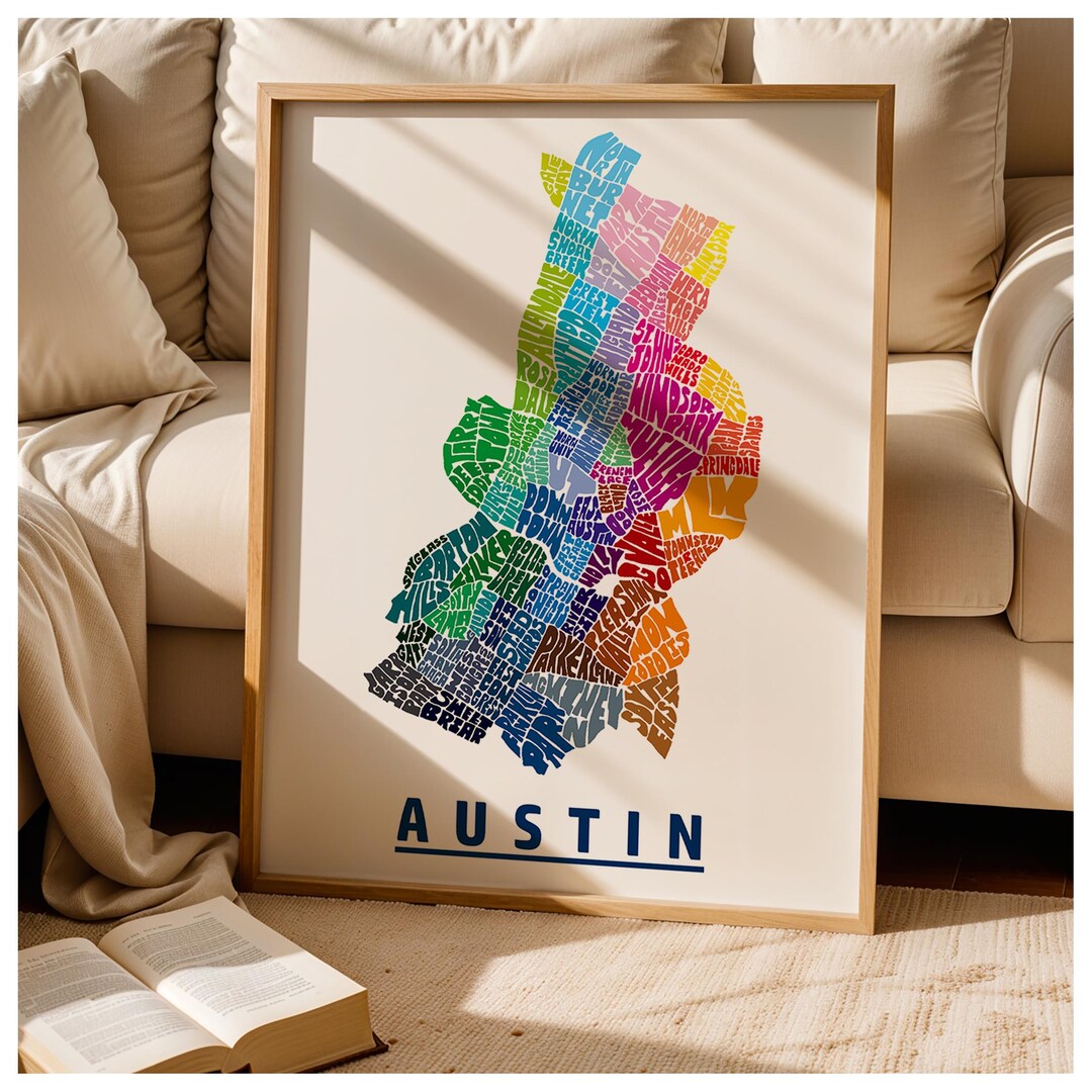 Framed Austin Neighborhoods Map Art Print - Multiple Sizes, Color ...
