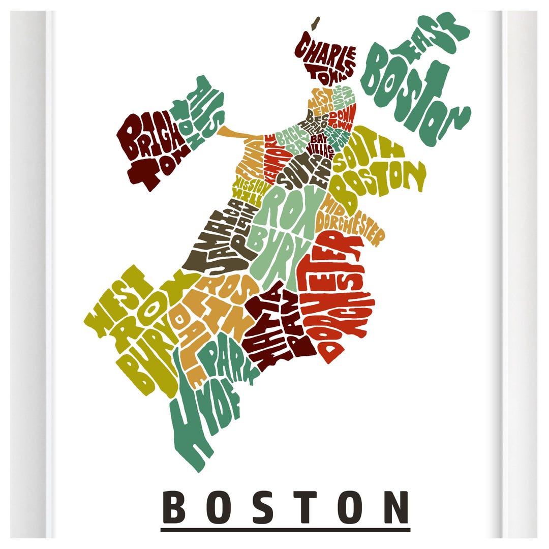 Boston Neighborhood Map Print, Boston Map Art Print Signed, Several ...