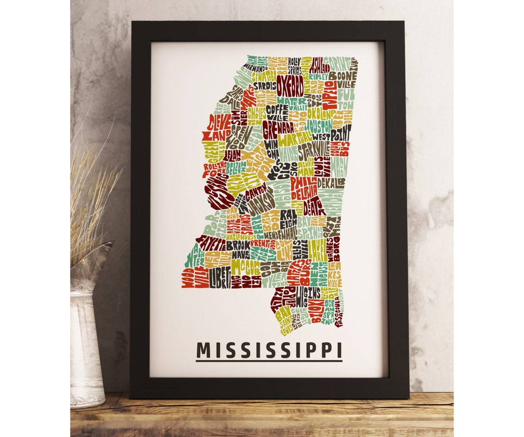 Mississippi Map Art FRAMED, Available in Several Colors and Sizes ...