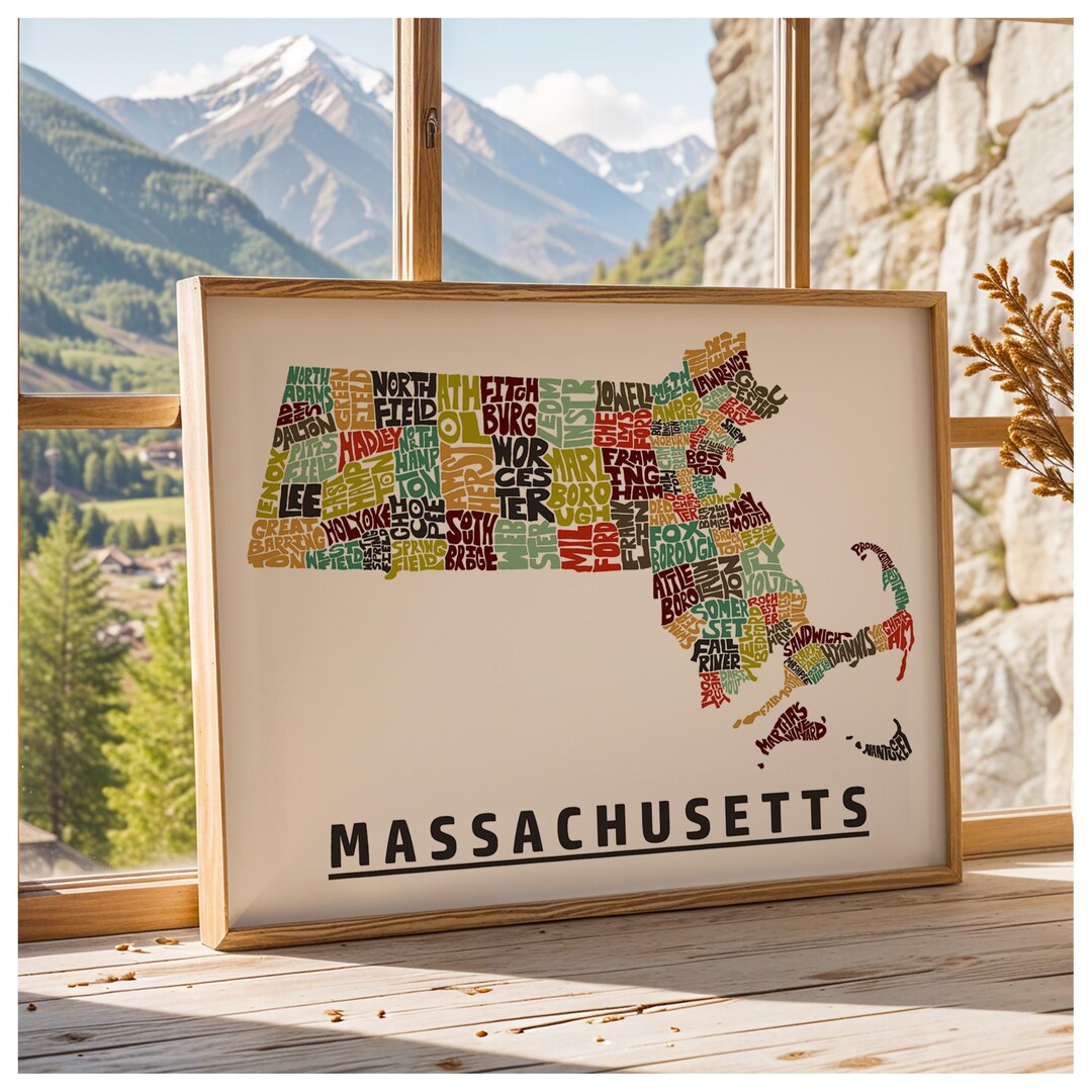 Framed Massachusetts Map Art Print, Massachusetts Art Print, Many Sizes ...