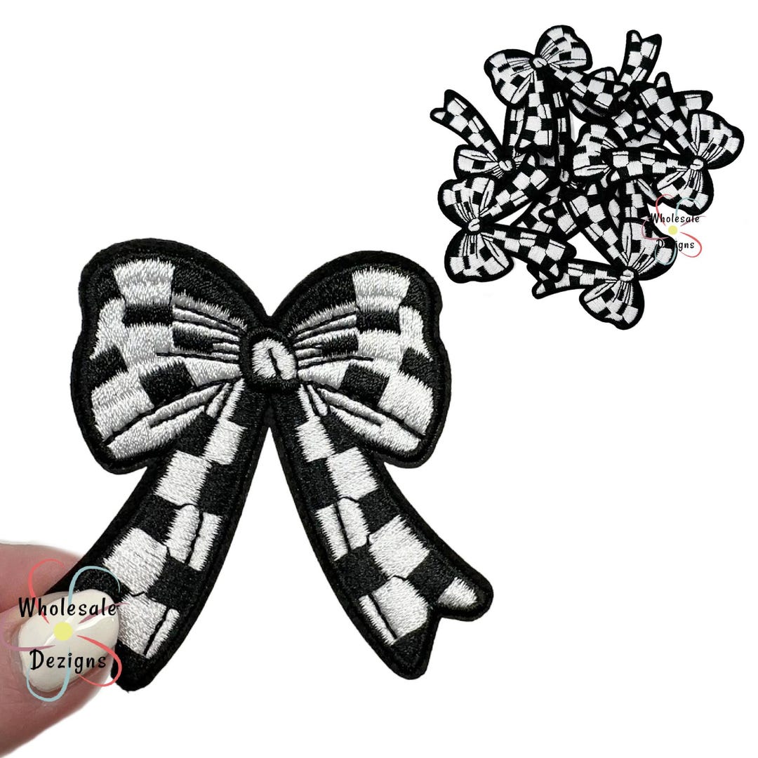 Checkered Black and White Bow Iron on Patch Appliques Embroidered Bows Patches for Trucker Hats ...