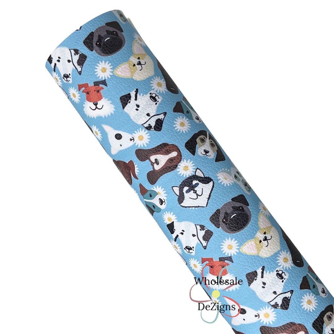 Dog Faux Litchi Leather Sheets | Dog Heads Animal Blue Printed Vinyl ...