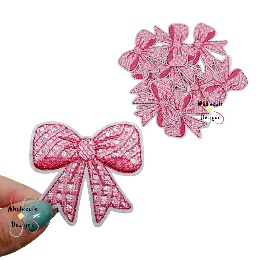 Pink Checkered Bow Iron on Patch, Applique Bows 2.5", Embroidered ...