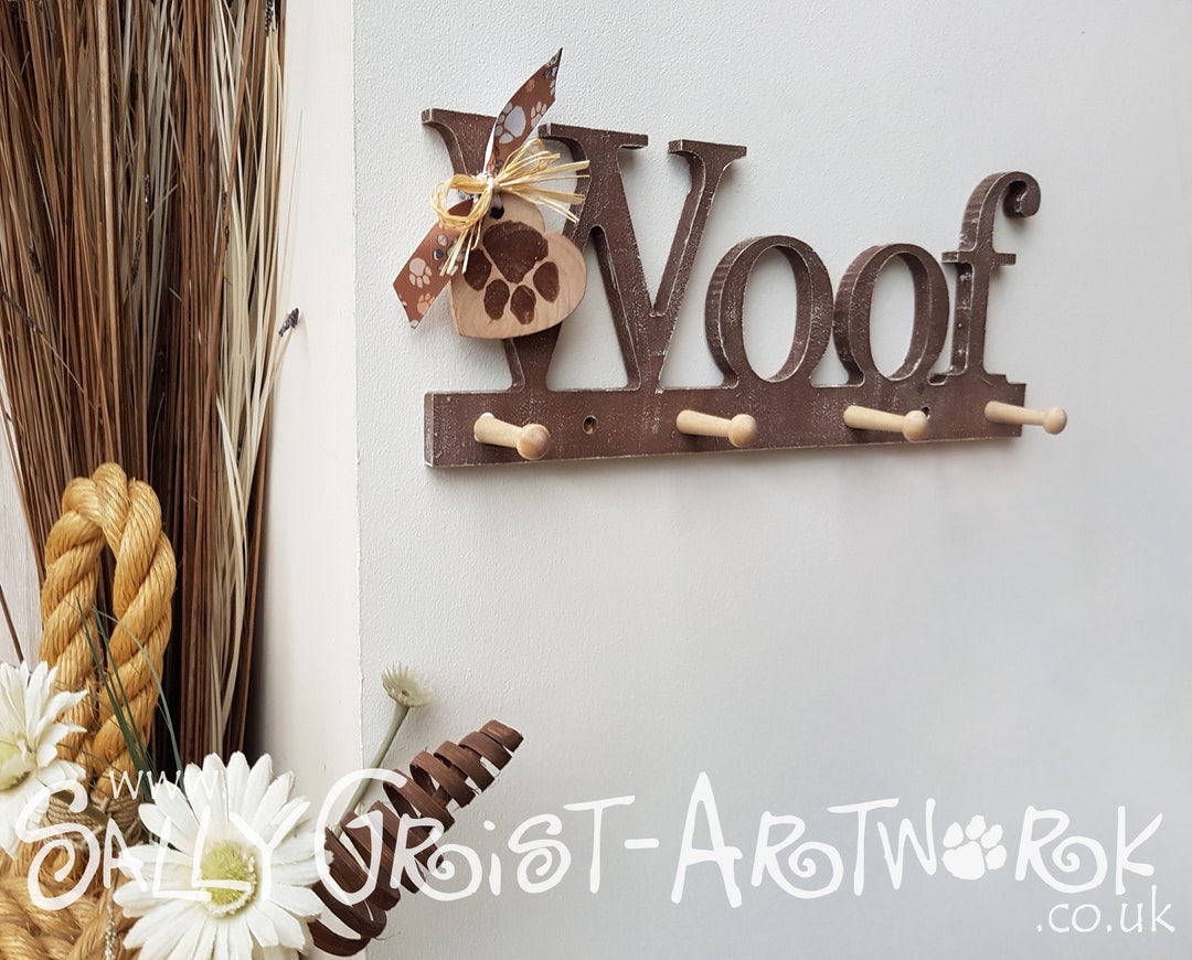 Handmade Dog Lead Hanger – Rustic “WOOF” Peg Rack, Wooden Dog Leash ...