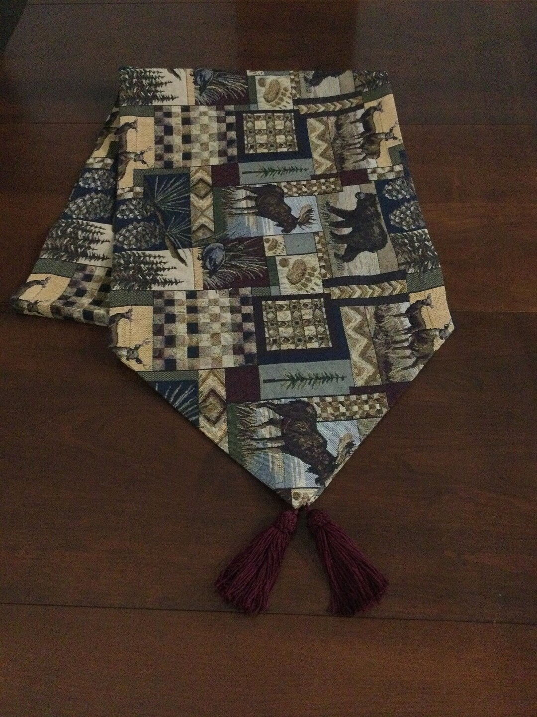 Rustic Bear, Moose Tapestry Table Runner With Maroon Tassels. Cabin ...