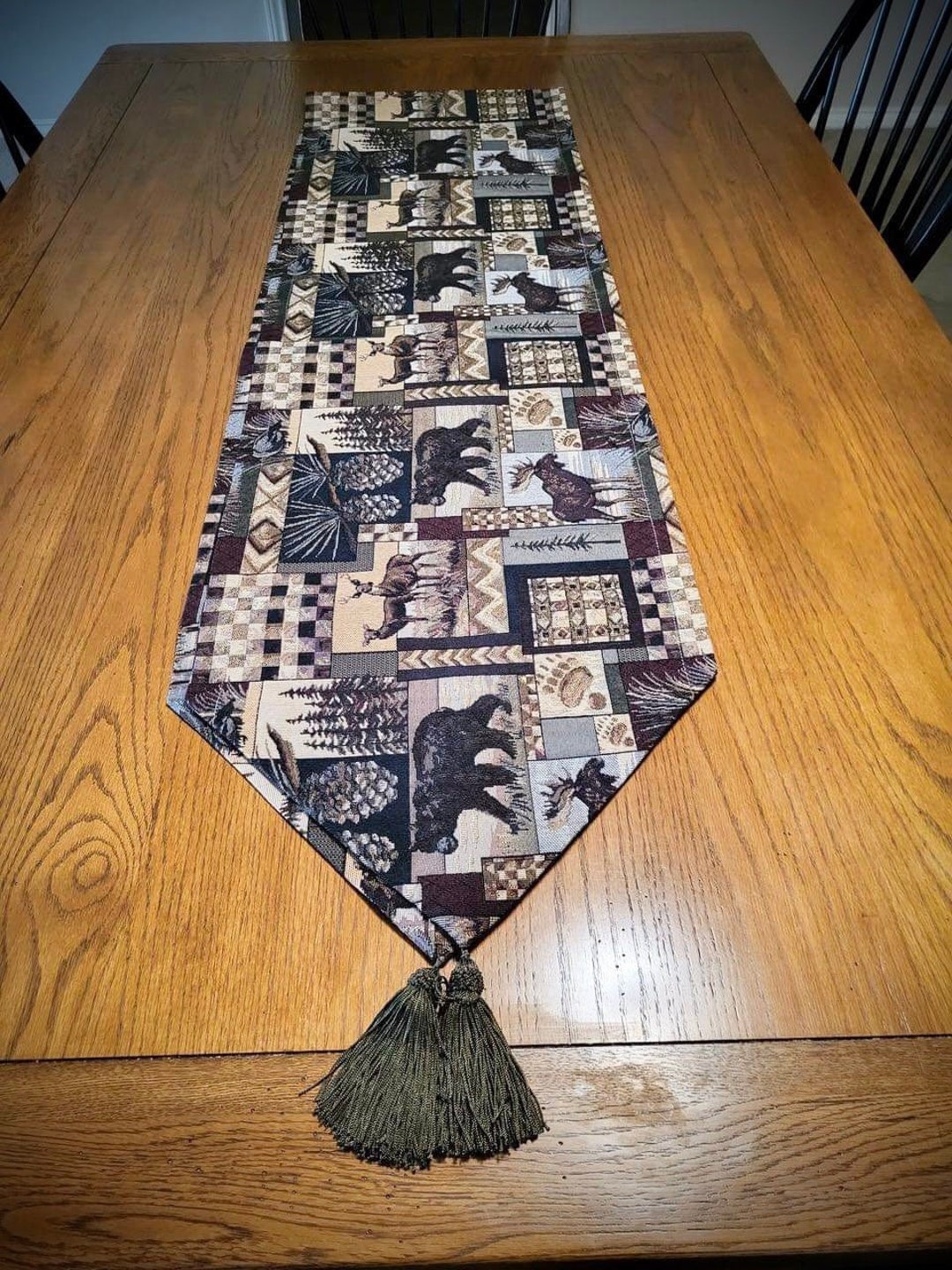Tapestry Table Runner in Outdoor Cabin Theme, Moose, Bear, Deer, Goose ...