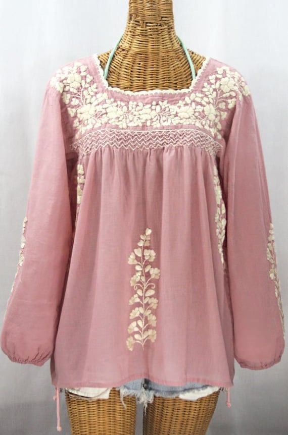 Pink Peasant Style Blouse VINTAGE LONG SLEEVED PINK EMBROIDERY