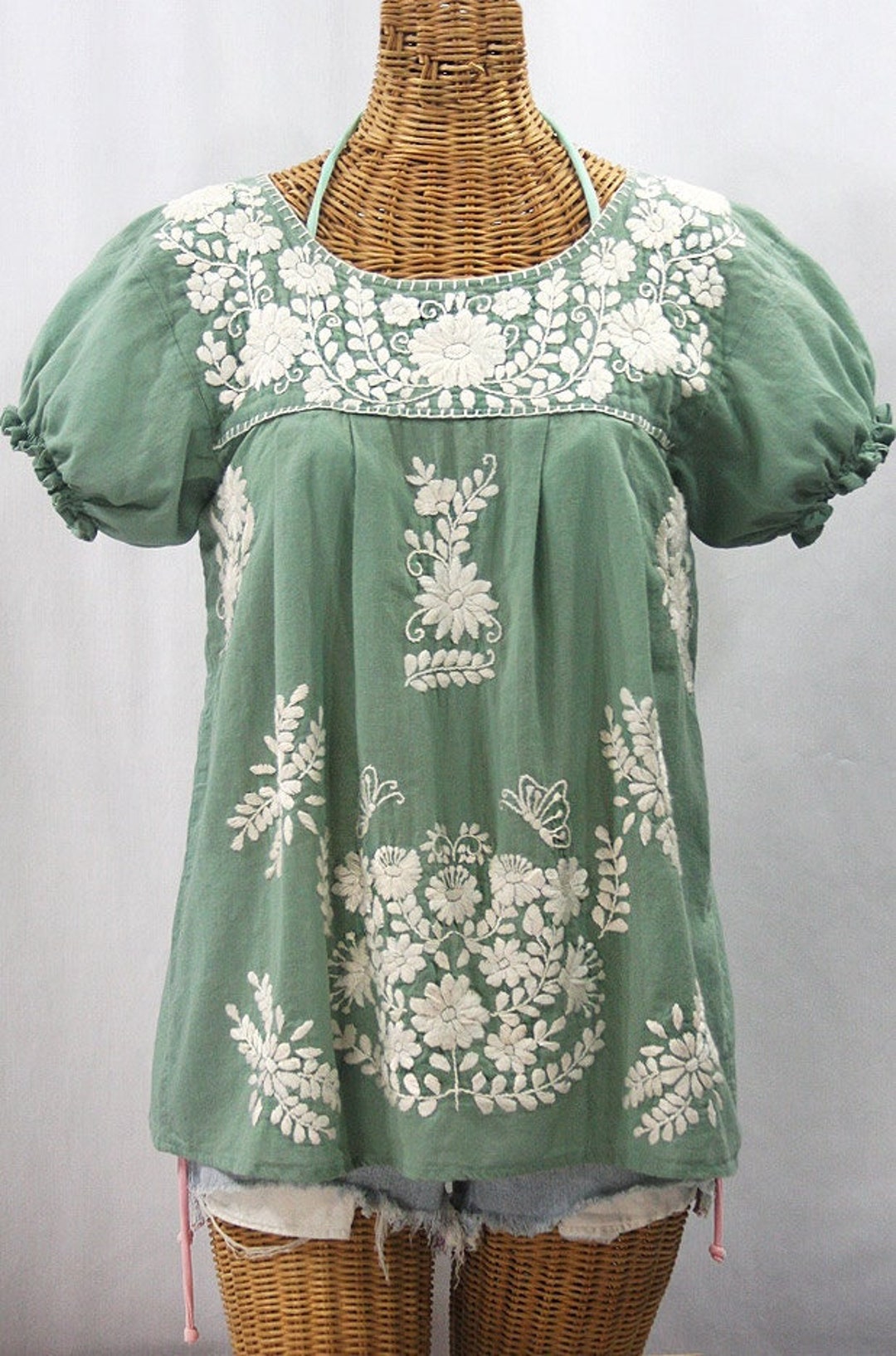 Embroidered Peasant Blouse Top Hand Embroidered: "la Mariposa" Sage ...