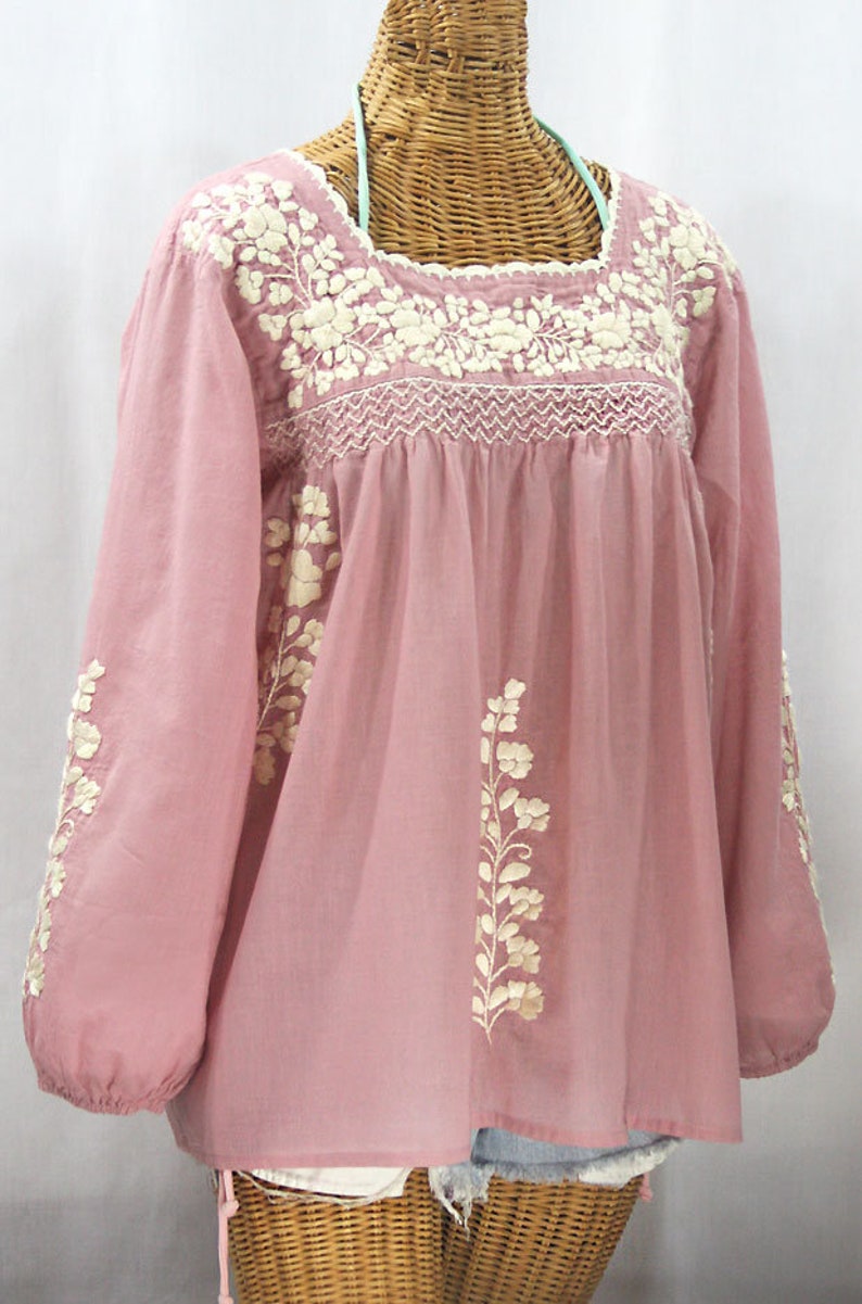 Embroidered Peasant Blouse: Dusty Pink, Cream Floral, Long Sleeve, Size ...