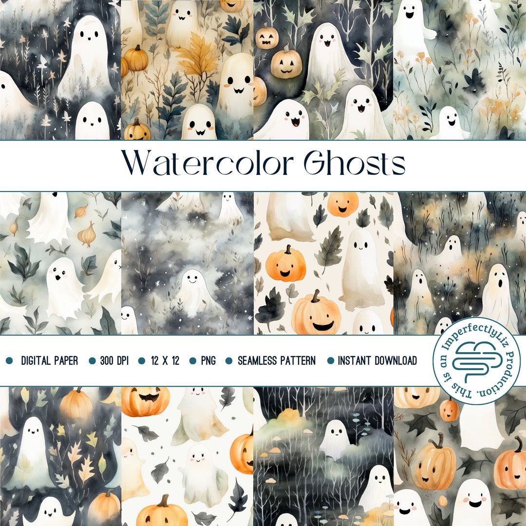 Watercolor Ghosts, Digital Paper, Seamless Pattern, Cute, Kawaii ...