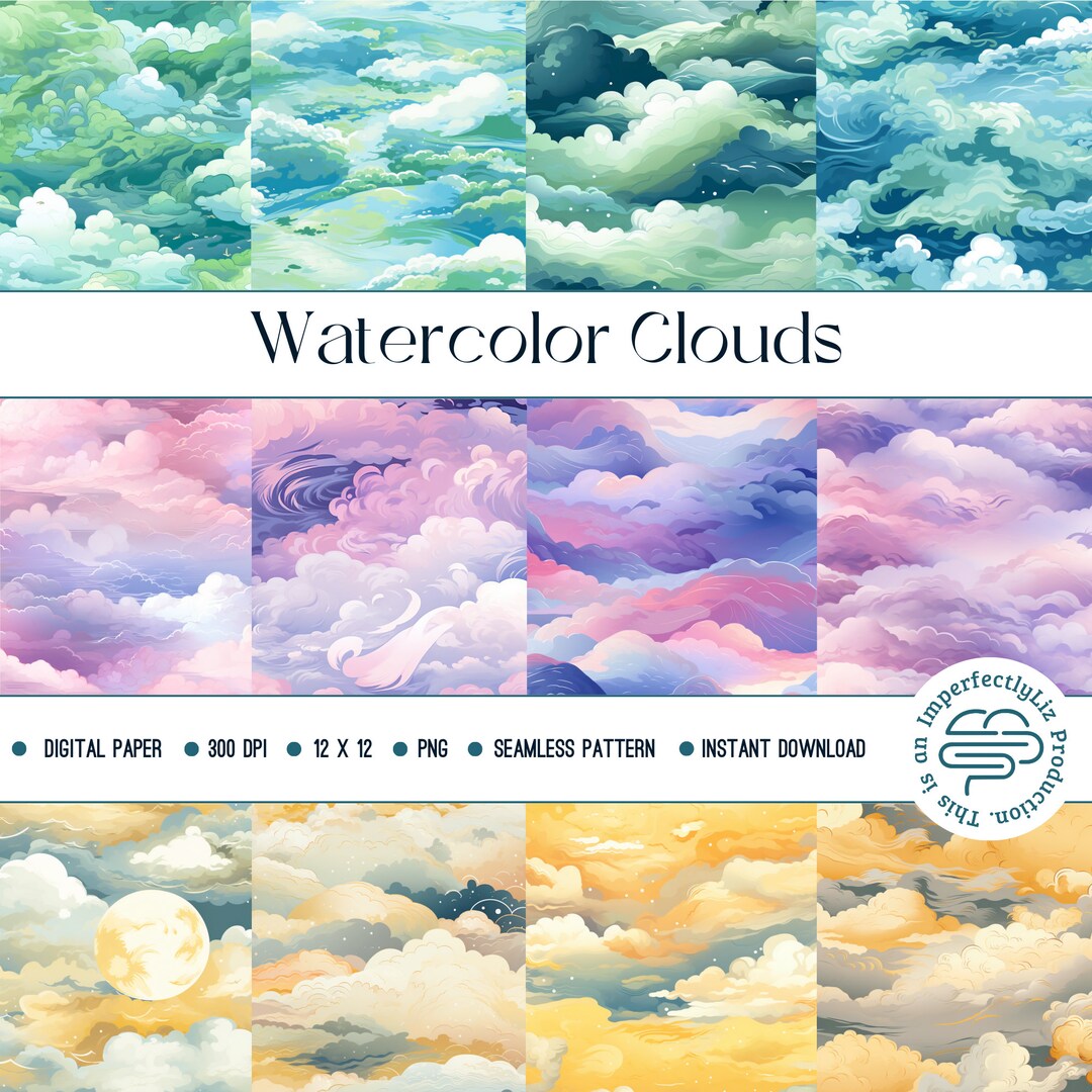 Colorful Clouds | Watercolor Digital Paper Pack | 12x12 Seamless ...