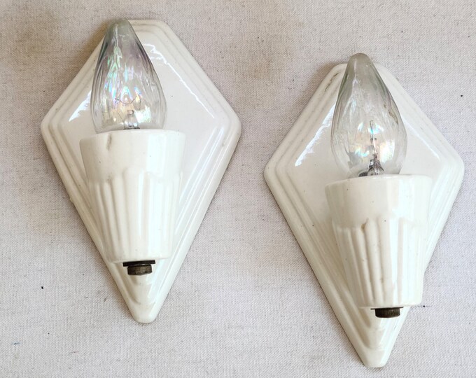 Antique Art Deco Porcelain Wall Scone Fixtures Pair of White Lamps Hall ...