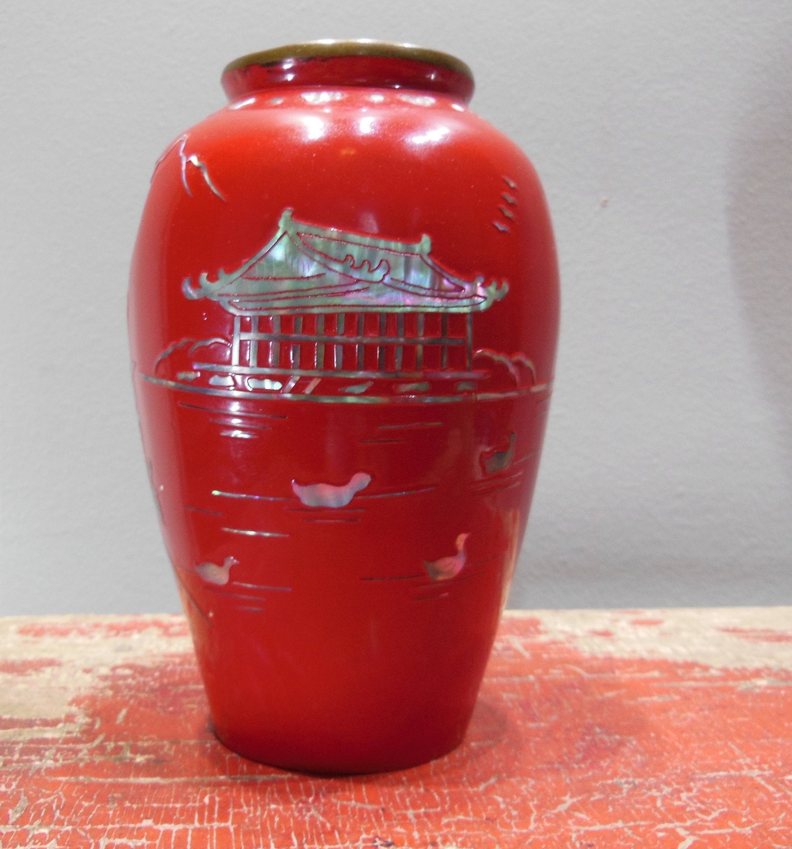 Vintage Red Enamel Abalone Mother of Pearl Iridescent Inlay - Etsy