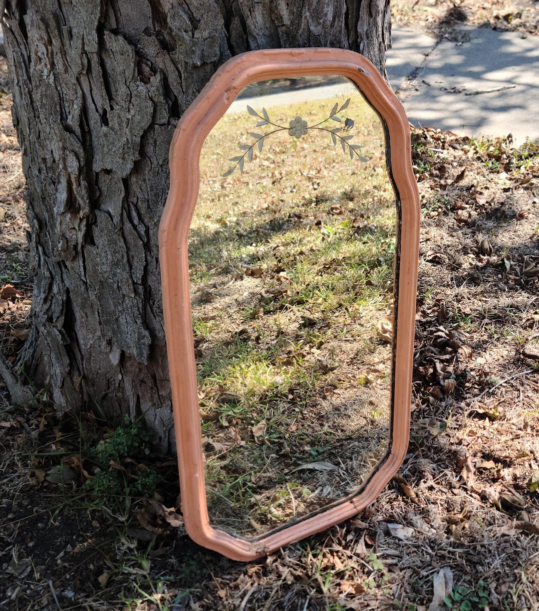Antique 25x13 Wood Frame Etched Glass Mirror Oval Oblong 1920s 1930s ...