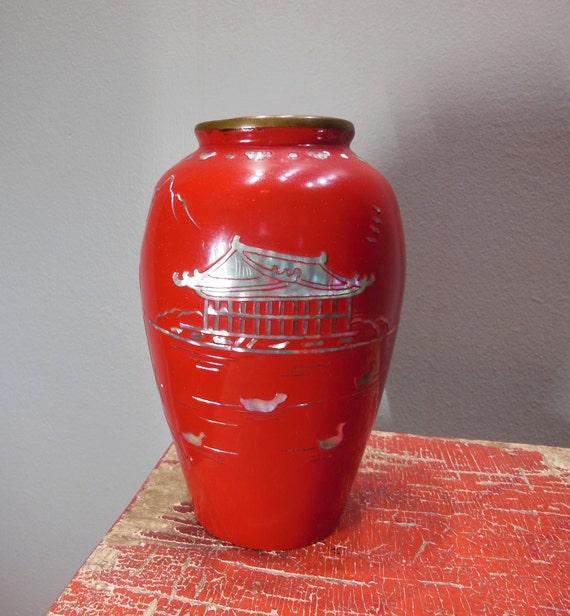 Vintage Red Enamel Abalone Mother of Pearl Iridescent Inlay | Etsy