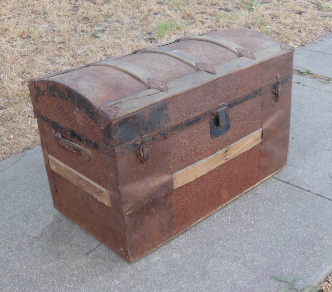 Antique Metal Wood Humpback Trunk Steamer Chest Camelback Embossed Tin ...