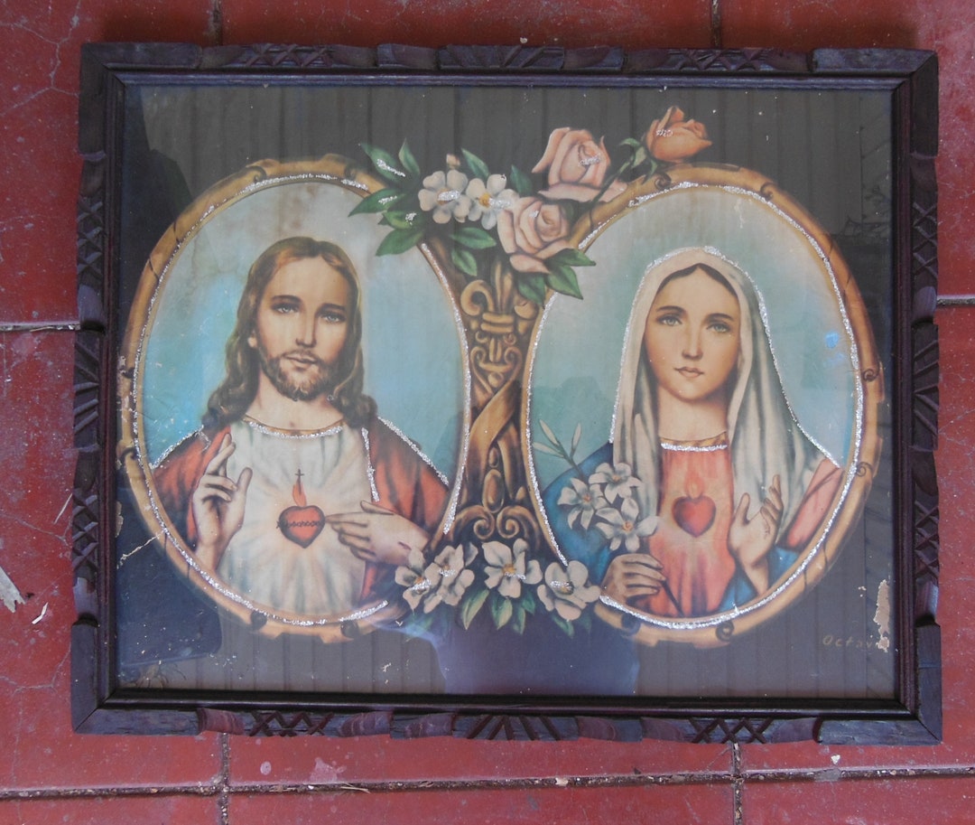 Vintage Mexico Religious Jesus Mary Sacred Heart Print Picture Christ ...