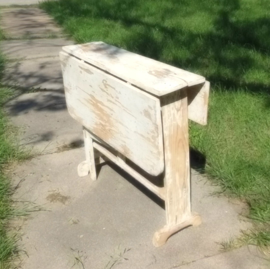 Vintage Gateleg Drop Leaf Table Chippy White Paint Expandable Console ...