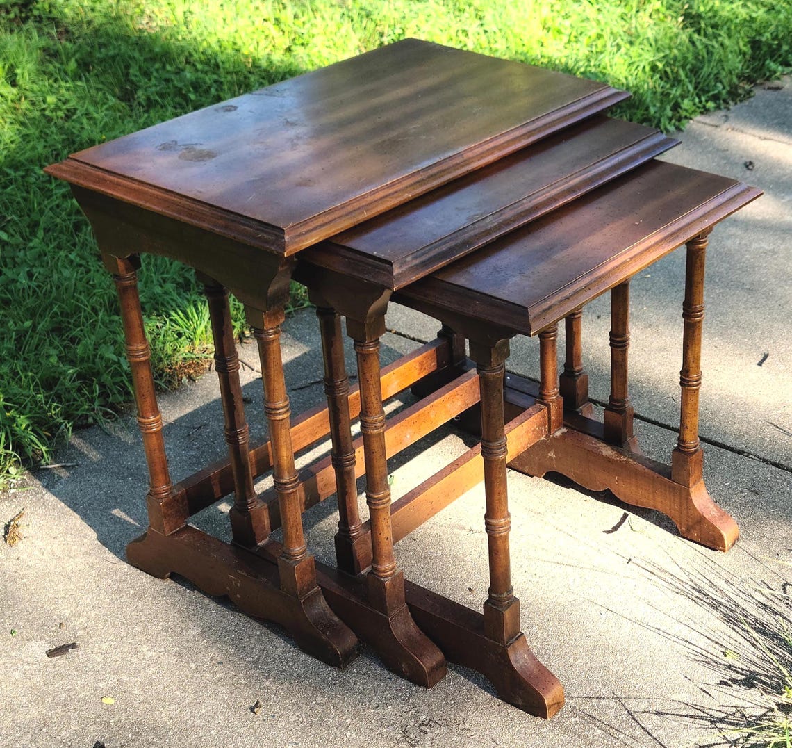Vintage Set of 3 Wood Nesting Tables Turned Leg Solid Wood Side Tables ...