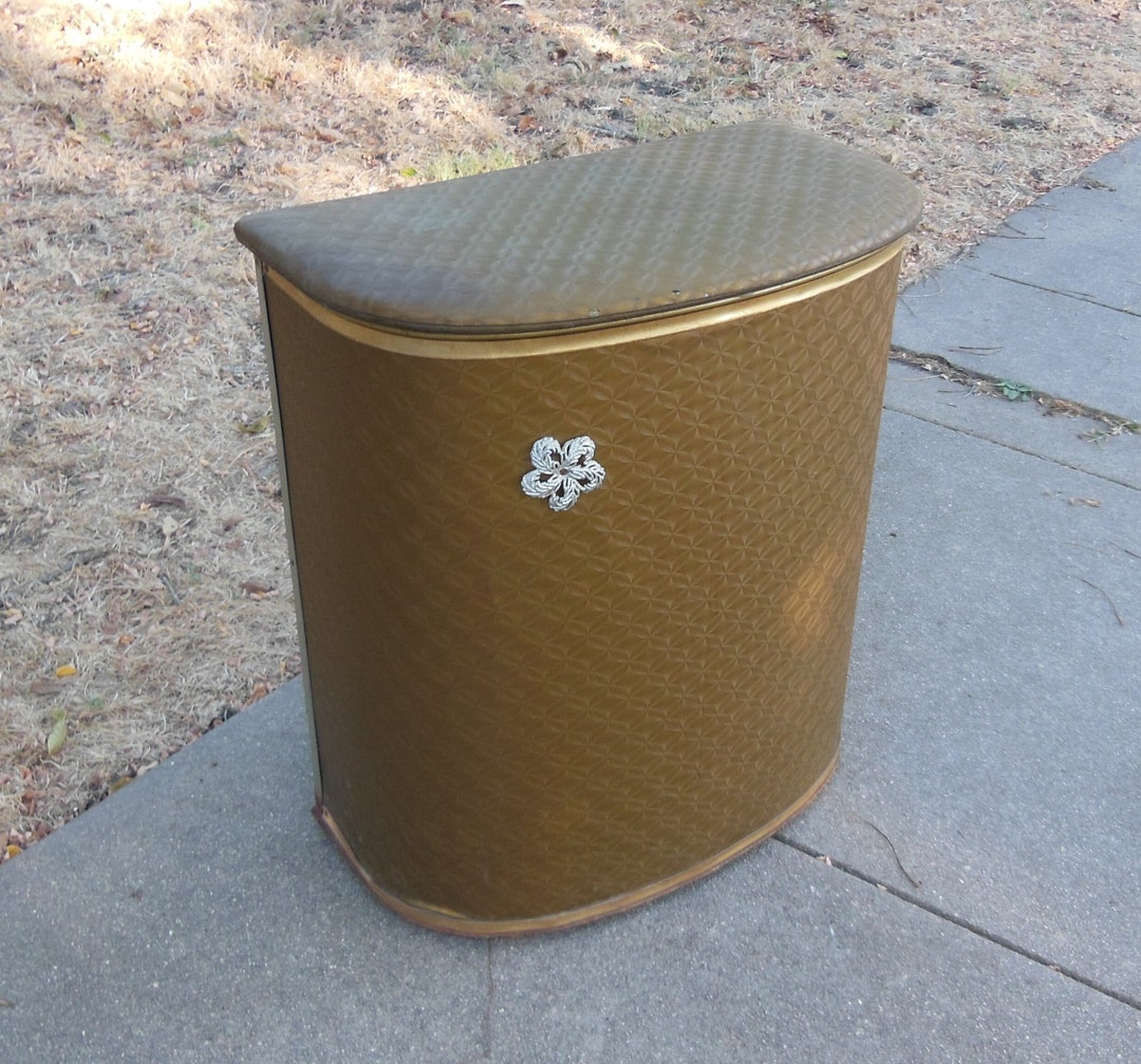 Vintage Gold Metal Clothing Hamper W Brooch Mid Century Quilted Look ...