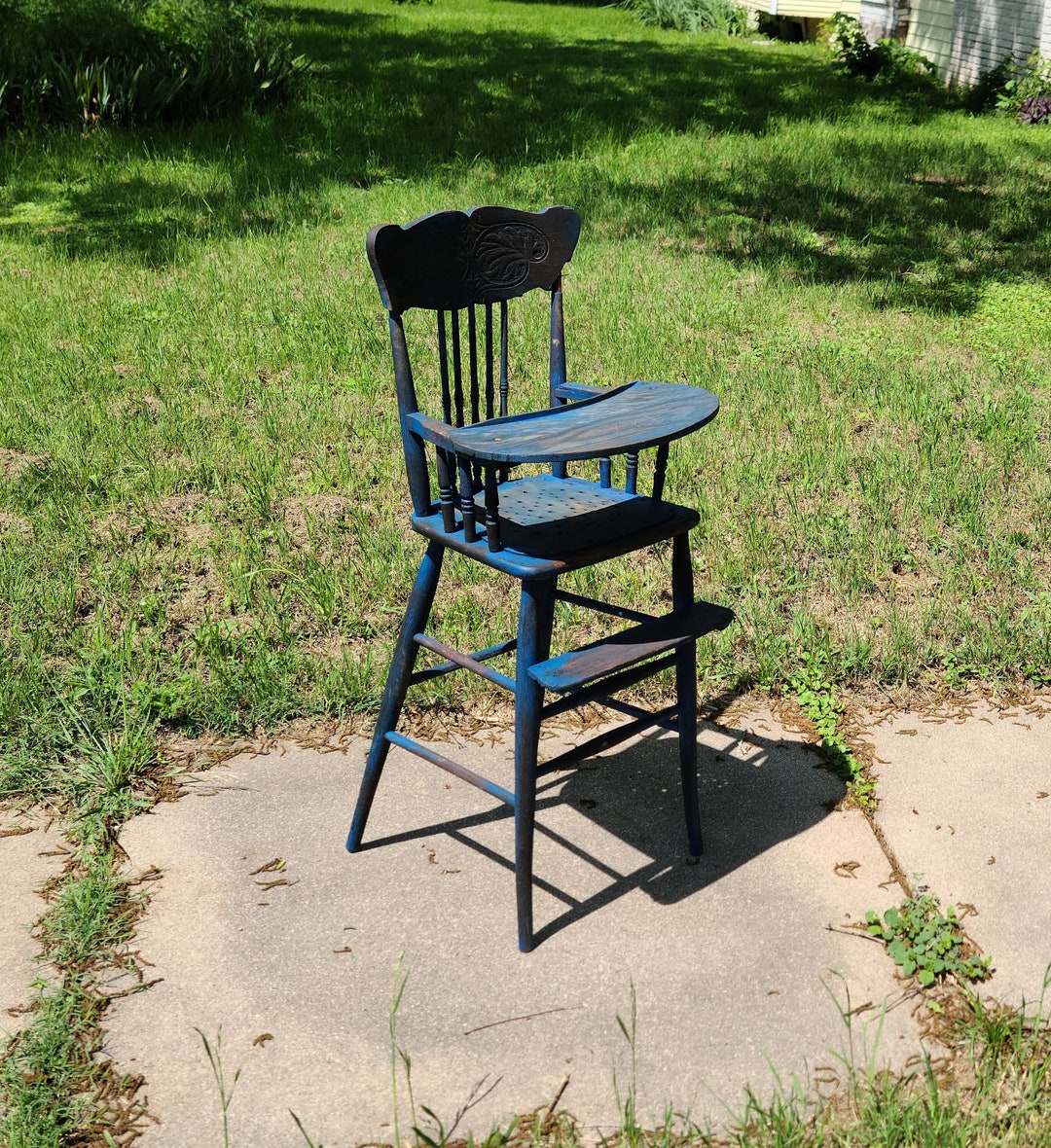 Antique Wood High Chair Childs Chair Beautiful Cobalt Blue Paint - Etsy