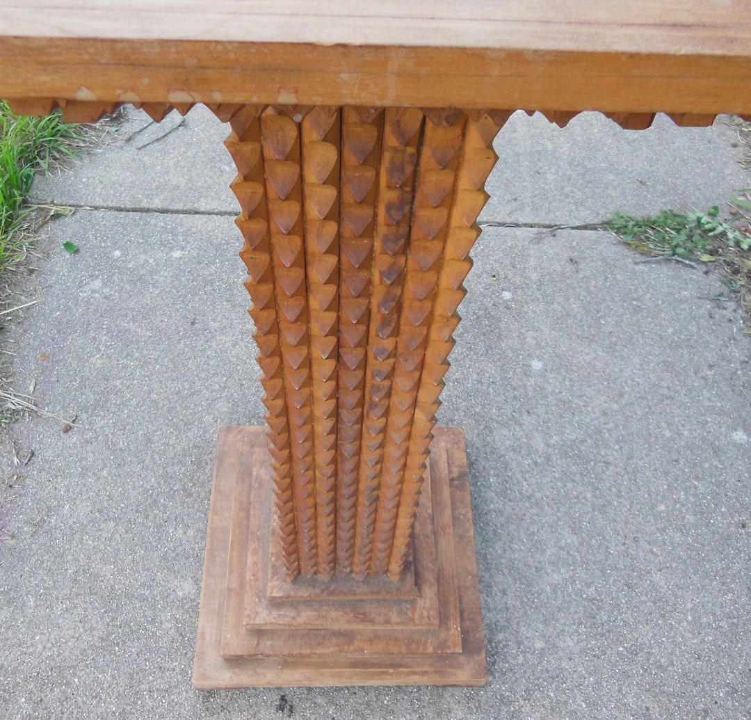 Antique Handmade Carved Tramp Art Wood Pedestal Plant Stand Signed ...