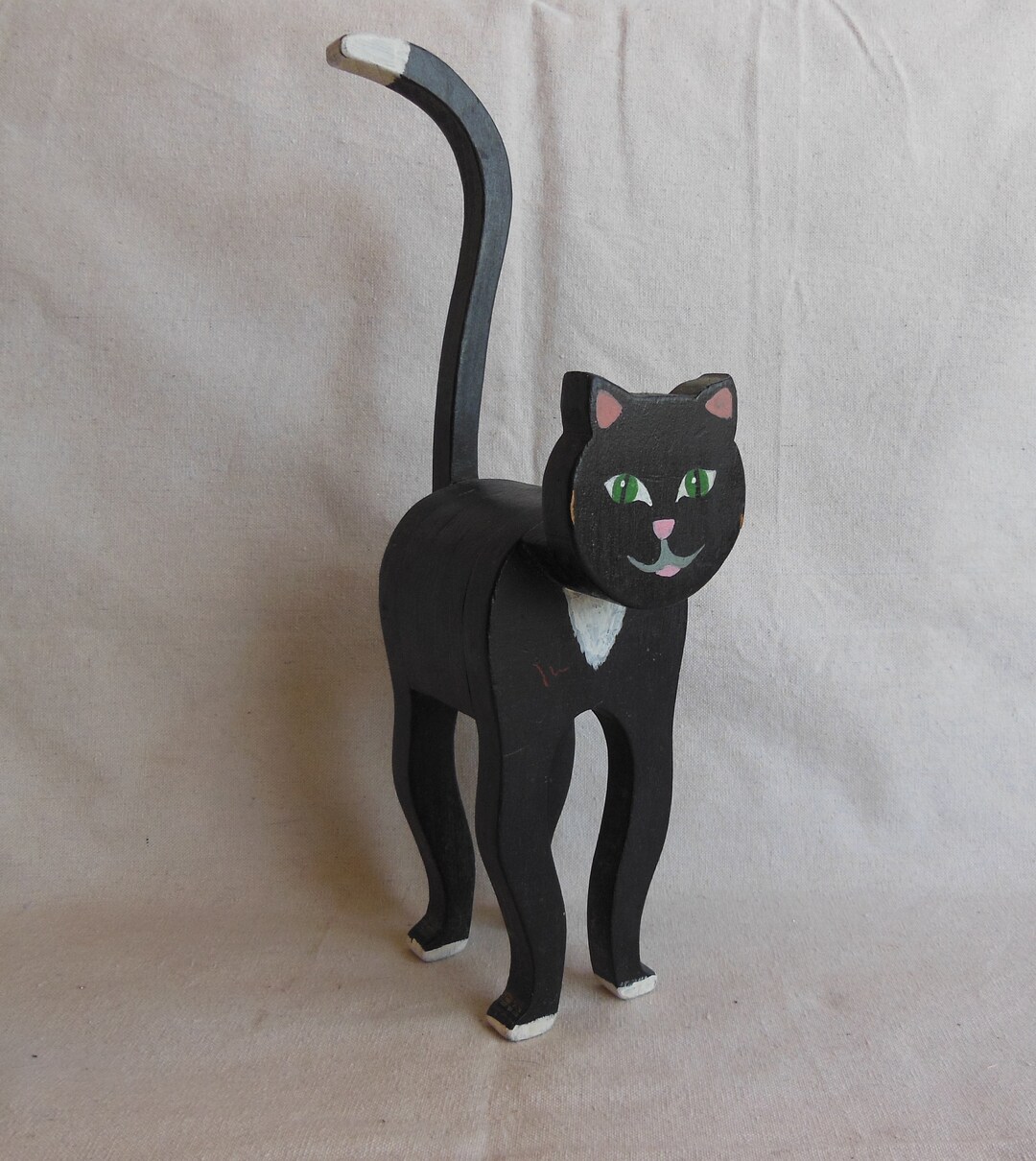 Vintage Handmade 16 in Wood Black Cat Wooden Feline Folk Art Hand ...