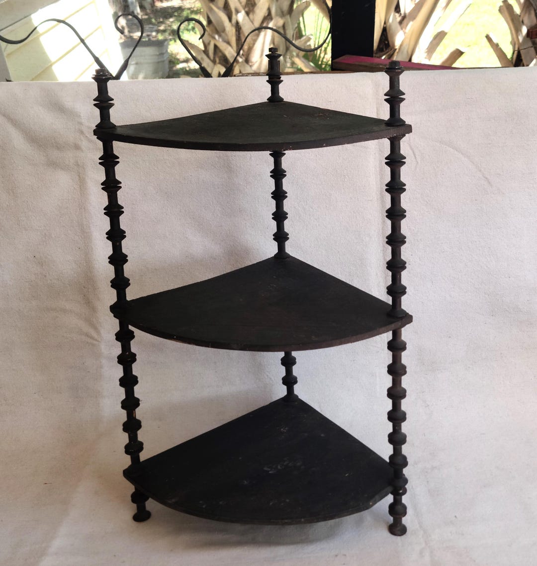 Antique Handmade Folk Art Spool Corner Shelf Wall Hung 3 Tier Display ...