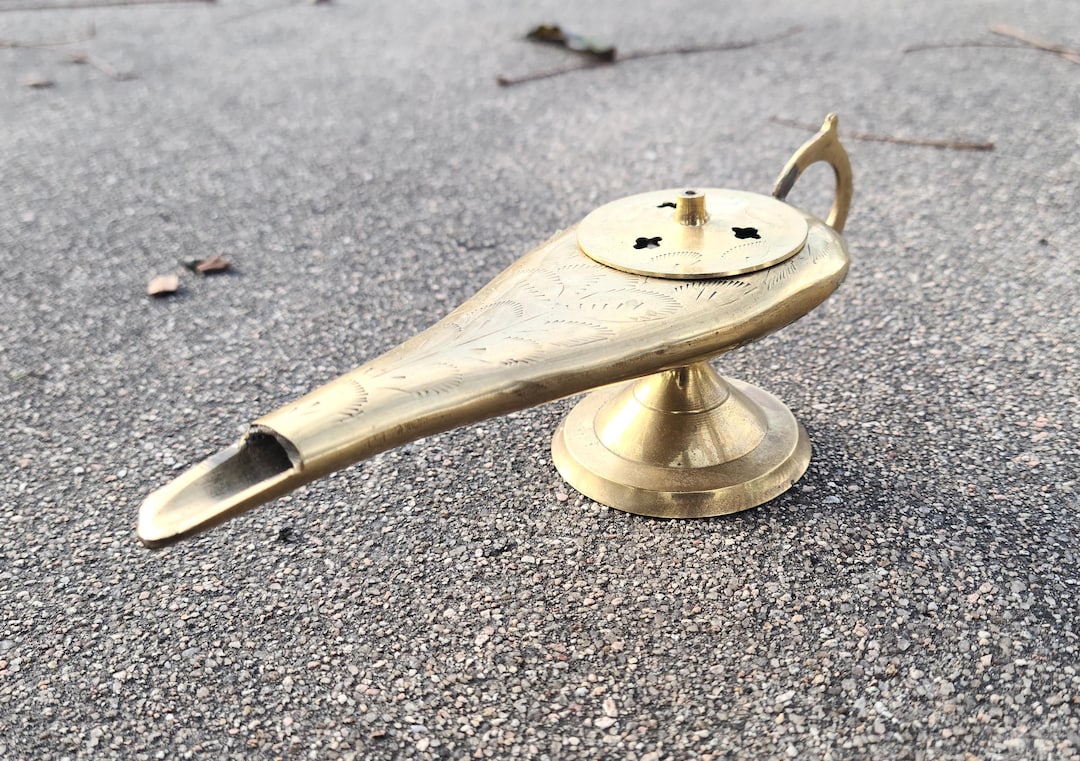 Vintage Aladdin's Lamp Etched Brass Genie Pot Incense Burner 1980s ...