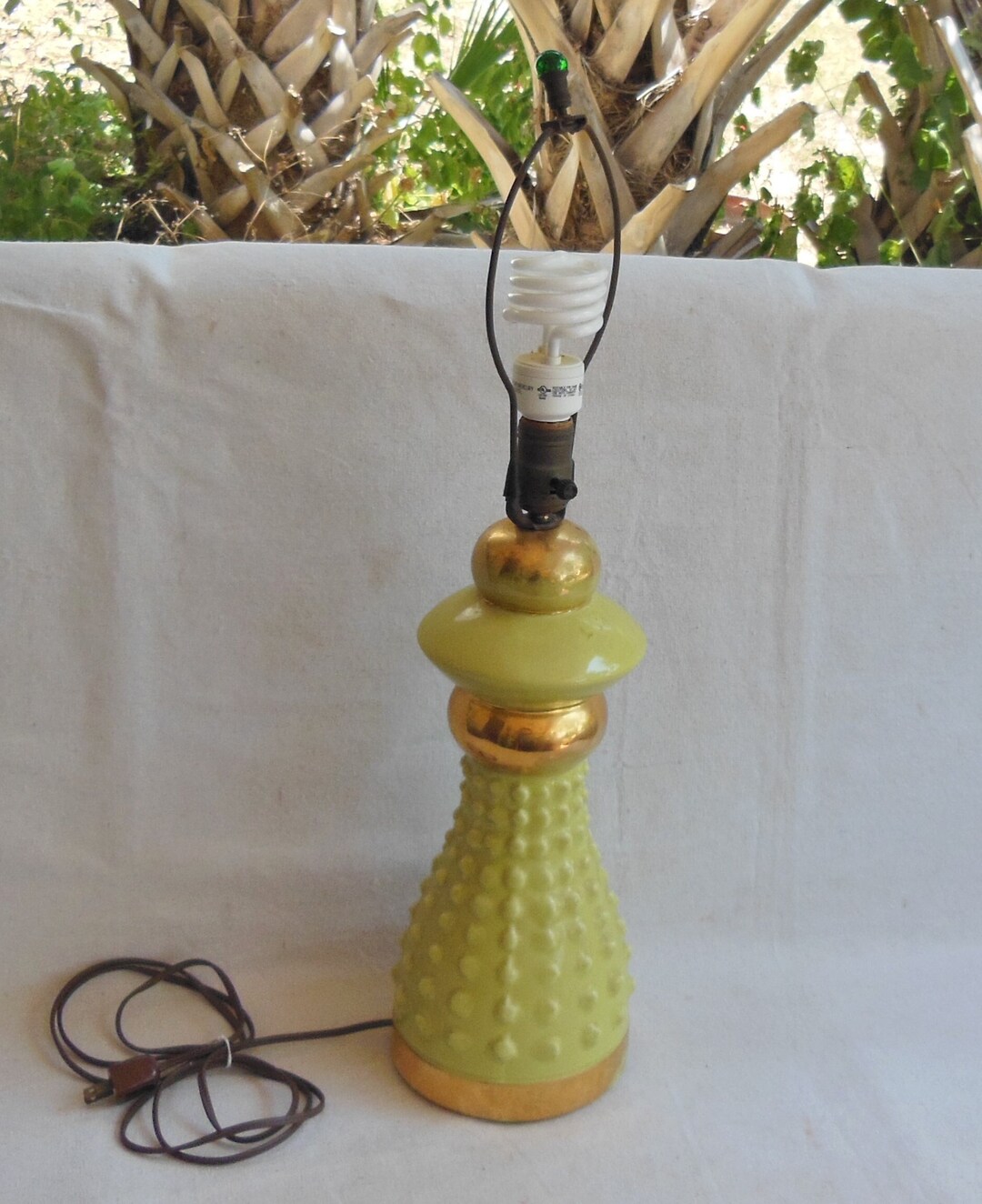 Vintage Lime Green Chartreuse Ceramic Lamp Gold Bands Hobnail Textured ...