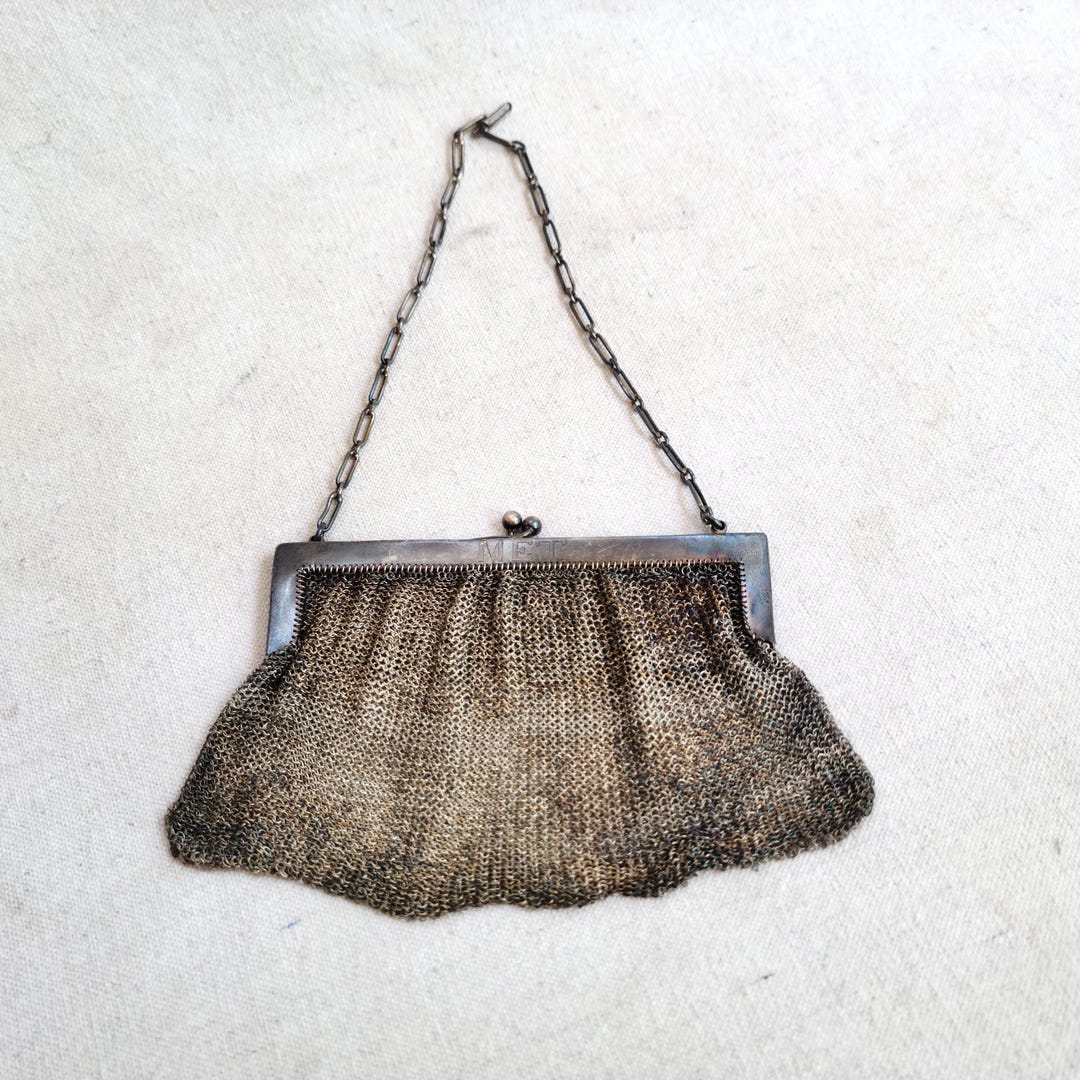 Antique Engraved Initials MET Monogram Chainmail Sterling Silver Mesh ...