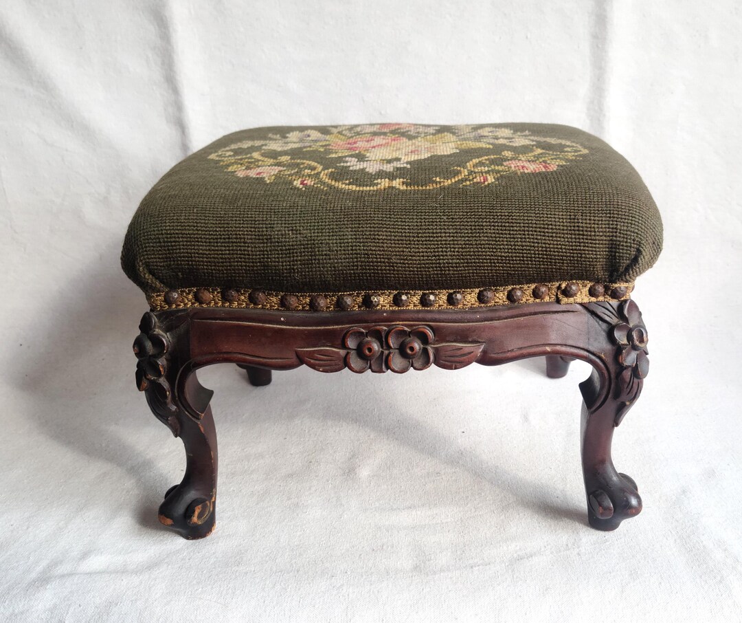 Antique Carved Mahogany Wood Footstool Victorian Era Needlepoint Foot ...