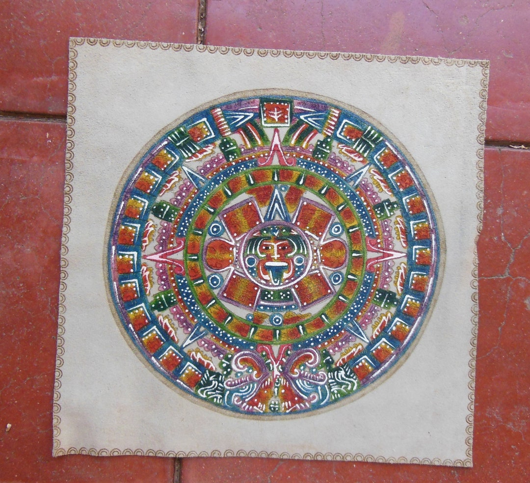 Vintage Aztec Mayan Calendar Tribal Ethnic Handmade Suede Tooled ...