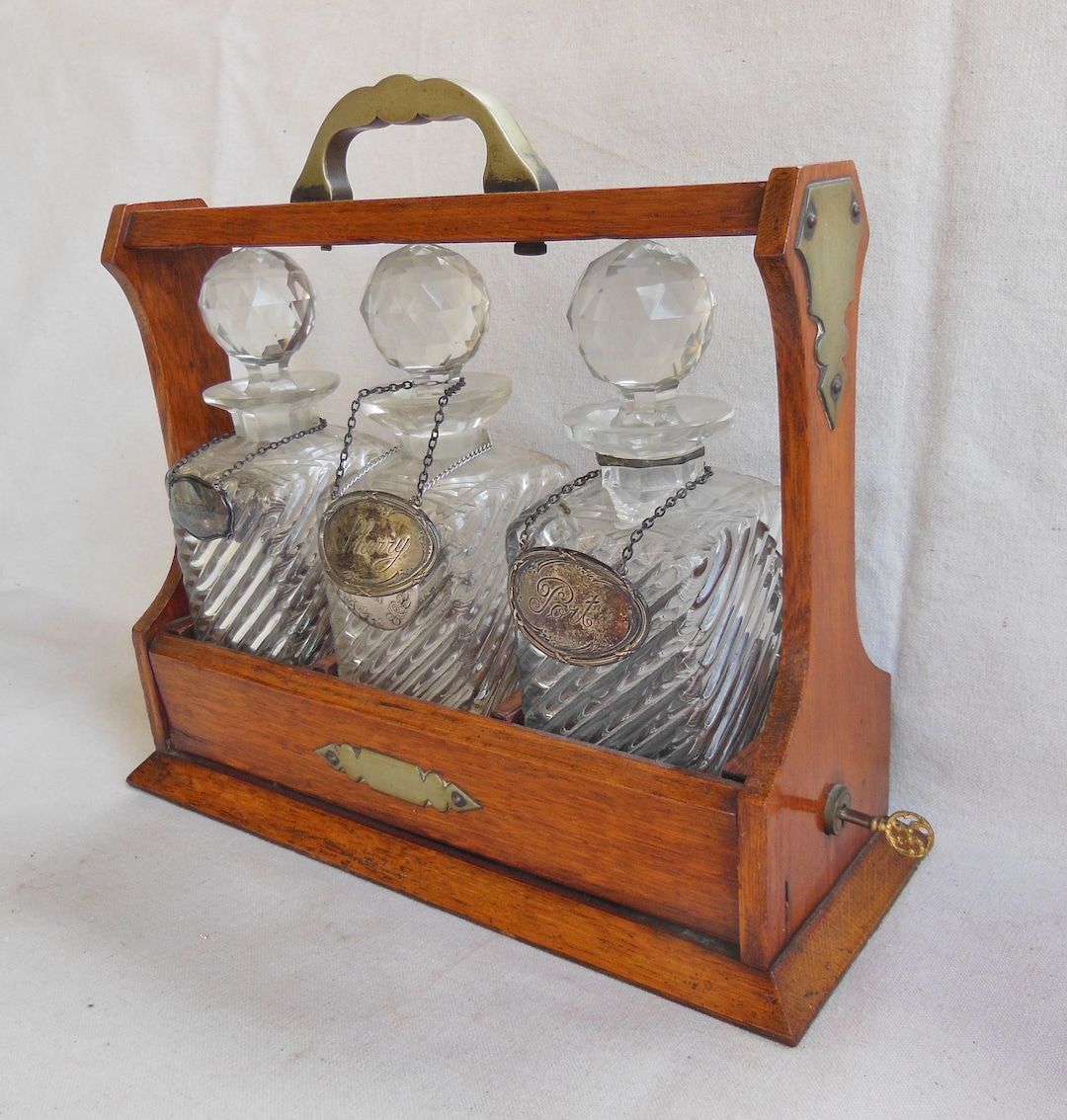 Antique Tantalus Locking Oak Glass Decanter Set 3 Liquor Bottles 4 ...