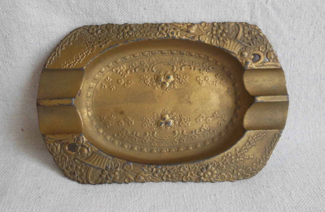 Antique Metal Art Nouveau Ashtray Gold Painted Embossed Design Raised ...