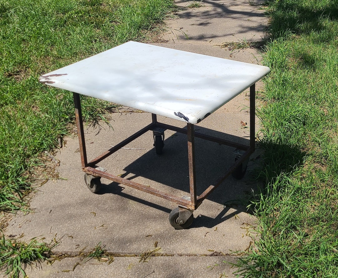 Vintage Industrial Metal Rolling Frame Enamel Top Outdoor Furniture - Etsy