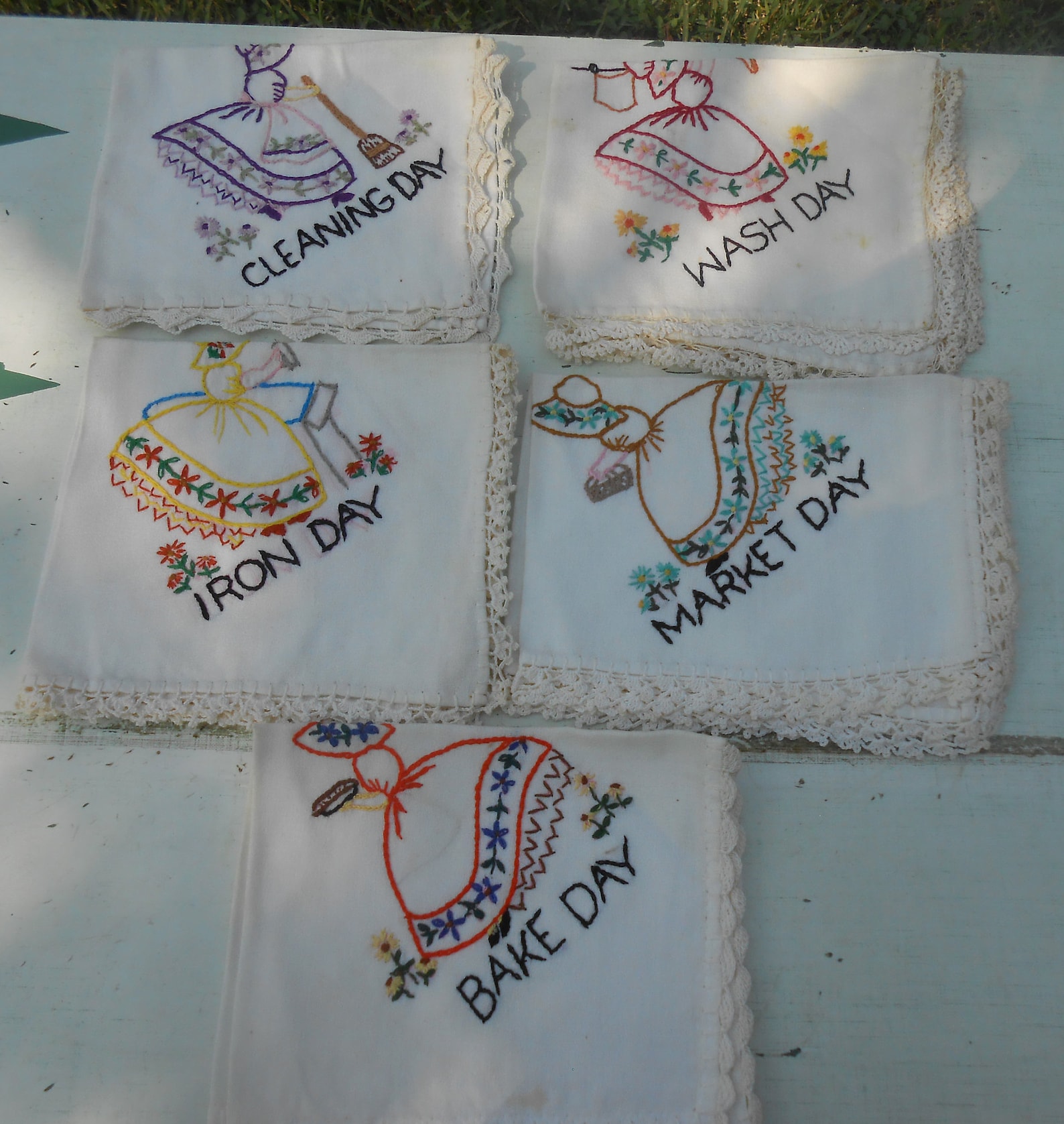 Antique Handmade Hand Embroidered Tea Towels Set Days Week - Etsy