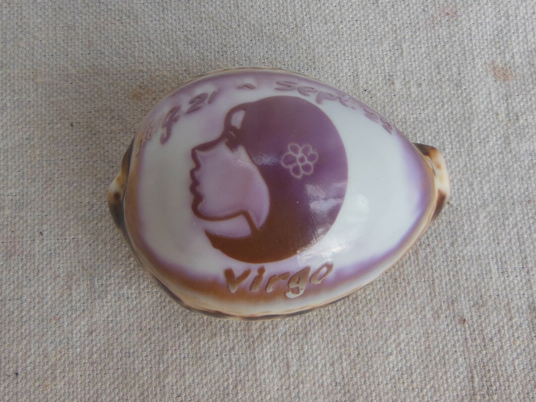 Vintage Hand Carved Cowrie Shell Zodiac Virgo Sign Purple White Carved ...