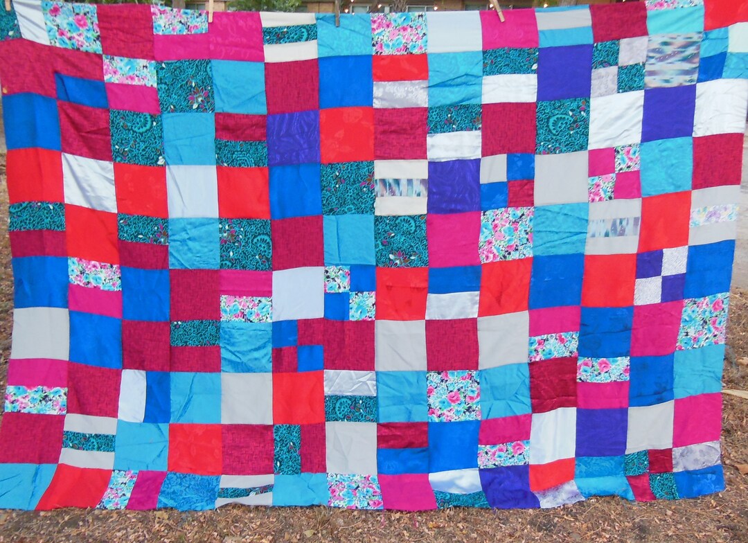 Vintage Silk Fabric Patchwork Quilt Top Bright Vivid Vibrant Colorful ...